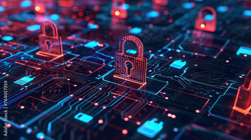 Cybersecurity concept with digital elements, locks, and a secure online environment Stock ...