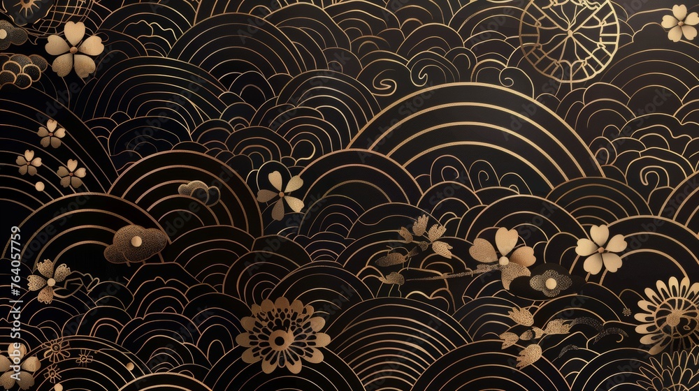 In Asian background, gold icons and symbols represent traditional ...