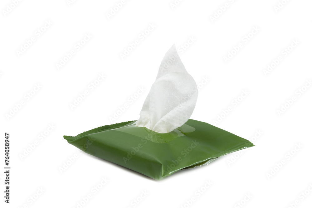 Pack of wet wipes isolated on white background. An open pack of hand ...