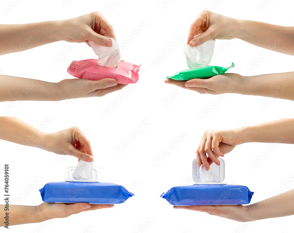 Pack of wet wipes in hands isolated on white background. An open pack ...