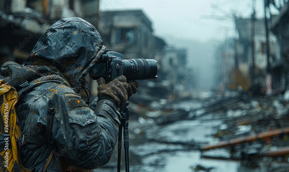Professional war press photographer wokring in a dystopian war zone ...
