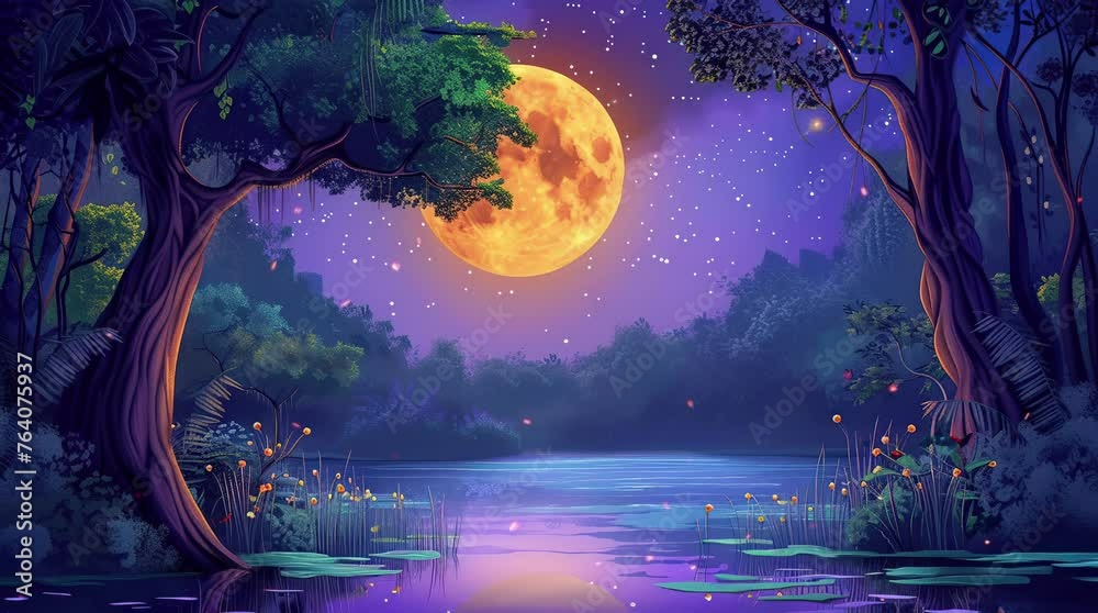 Moonlit Enchantment: Fantasy Lake under the Full Moon Seamless looping ...