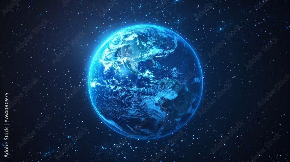 An abstract 3D graphic of a bright blue glowing earth in a power button ...