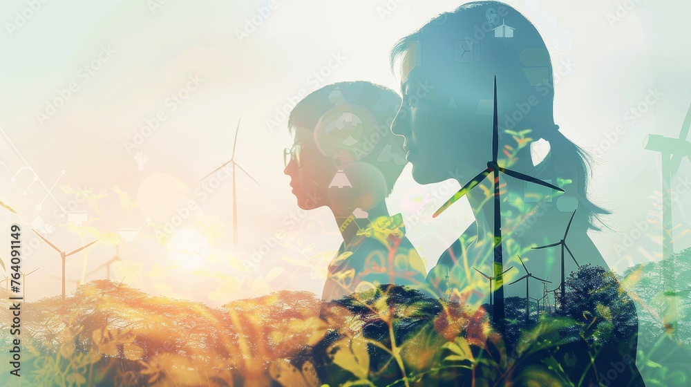 Graph showing business people working over a wind farm and a green ... Graph showing business people working over a wind farm and a green ...