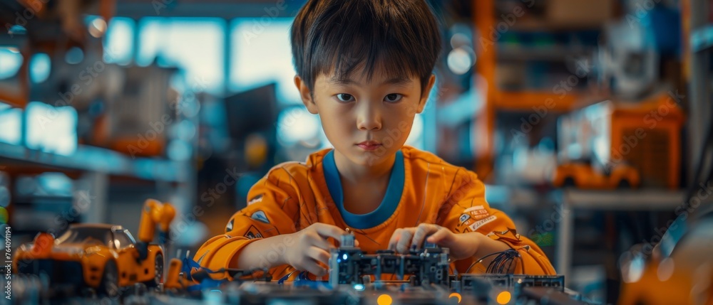 A group of Asian teenagers are doing a robotics project at home using ...