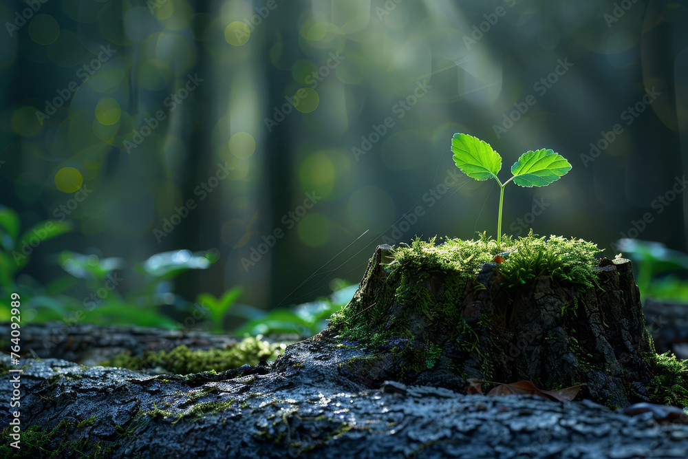 A single sapling grows from the center of a charred tree stump ...