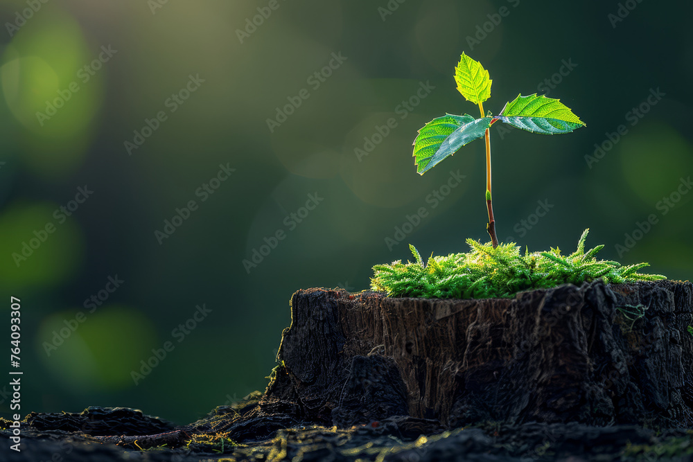 A single sapling grows from the center of a charred tree stump ...