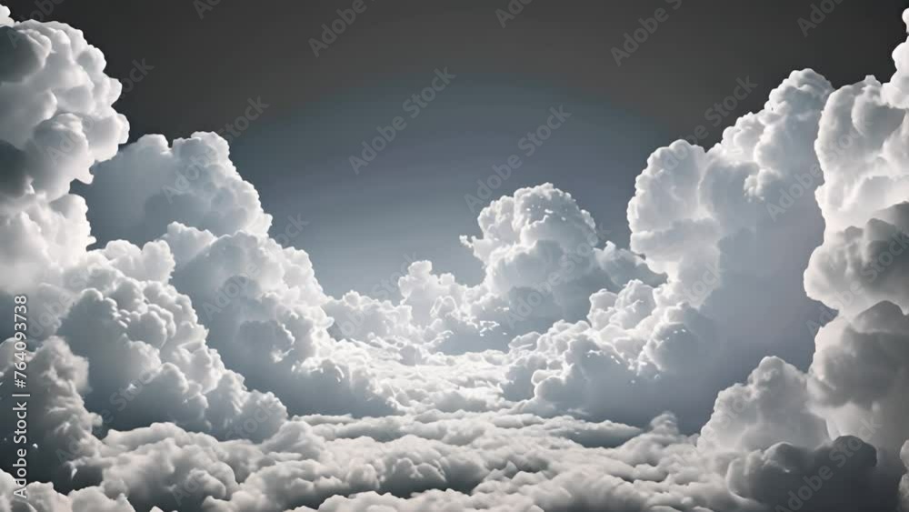 Flying through heavenly beautiful cloudscape. Amazing white fluffy clouds moving softly on the ...