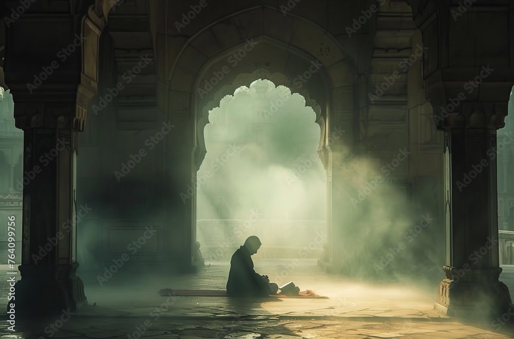 Muslim man in mosque, immersed in prayer and Quran reading. Concept of ...