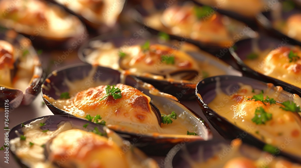 Baked mussels with a cheese crust where the seas bounty is enrobed in ...
