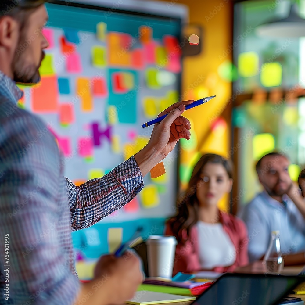 An innovative team actively participates in a brainstorming session ...