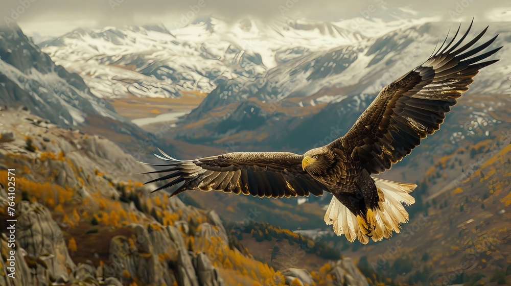 An awe-inspiring golden eagle is captured in mid-glide, its powerful ...