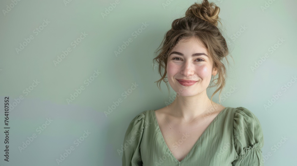 30 year old beautiful woman with a sweet demure smile stands against a ...