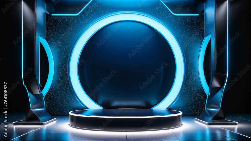 Futuristic Blue Light Display Background, neon future stage, hologram ...