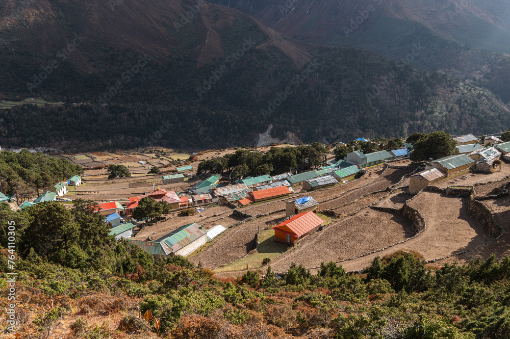 The view of houses and fields in Pangboche, Solukhumbu, Nepal. Everest ...