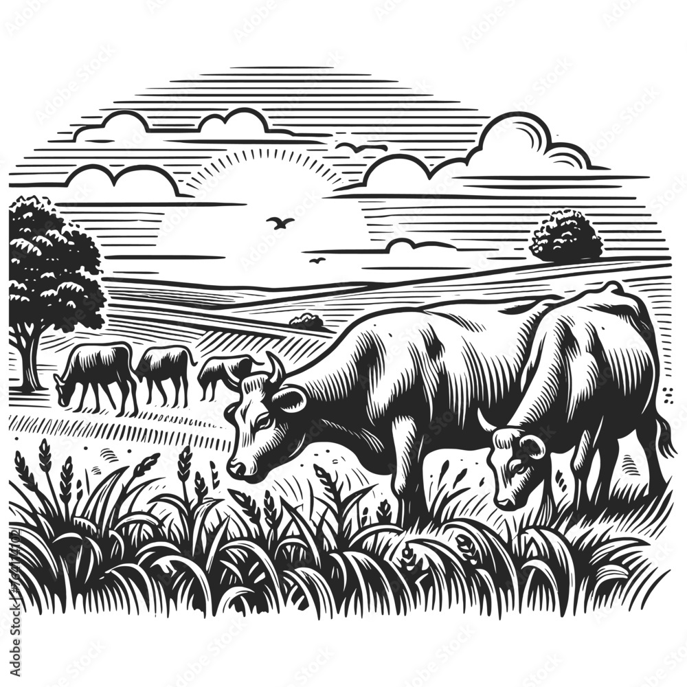 cows grazing peacefully among wildflowers and grass sketch engraving ...