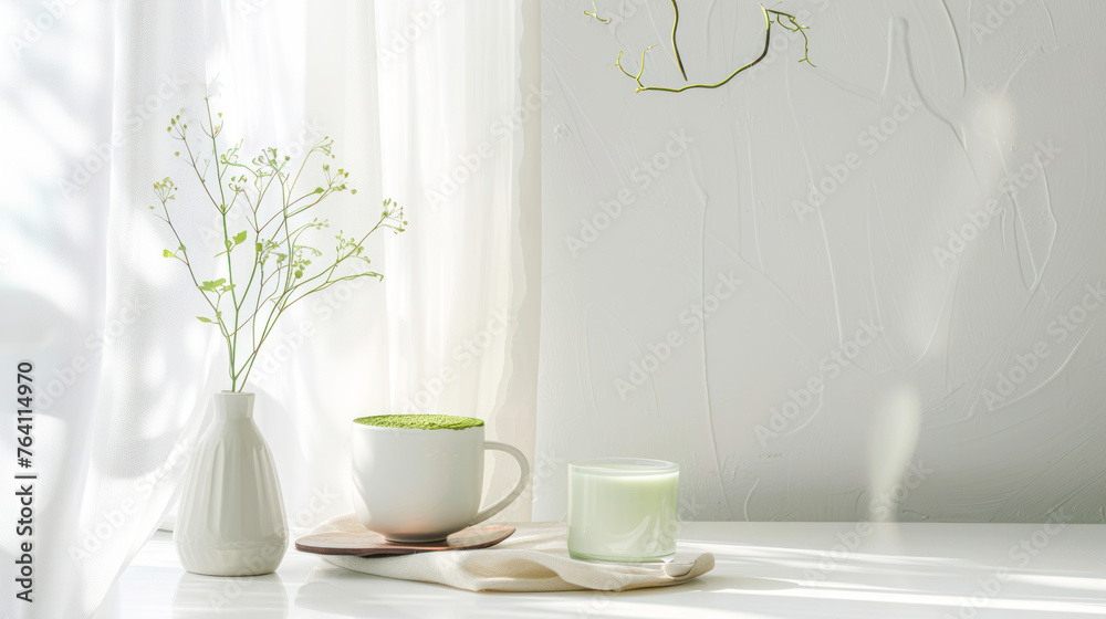 green matcha tea banner. Cup of green tea matcha latte foam with matcha ...