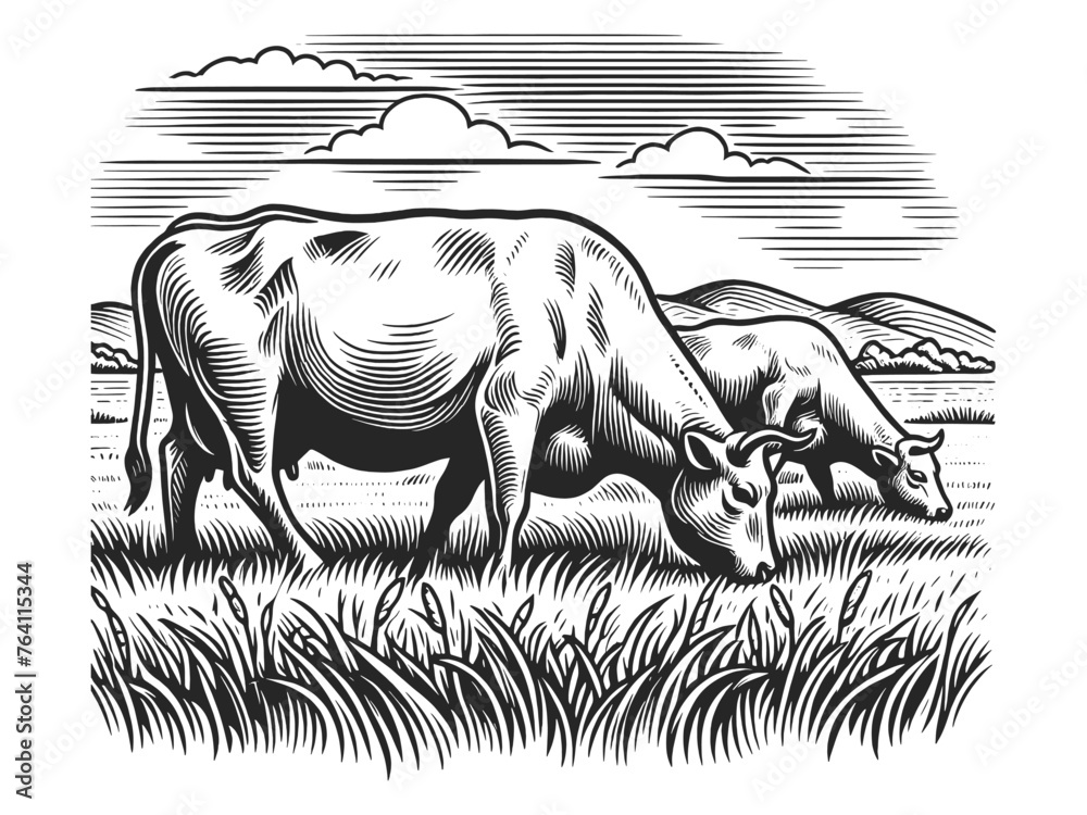 cows grazing peacefully among wildflowers and grass sketch engraving ...