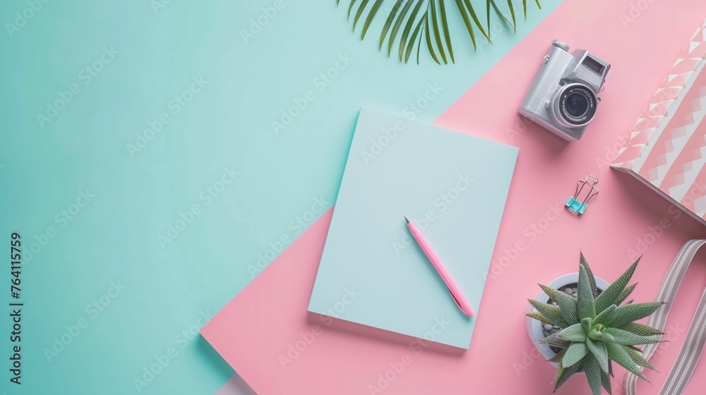 horizontal, top view of blue notebook, isolated blue background with ...