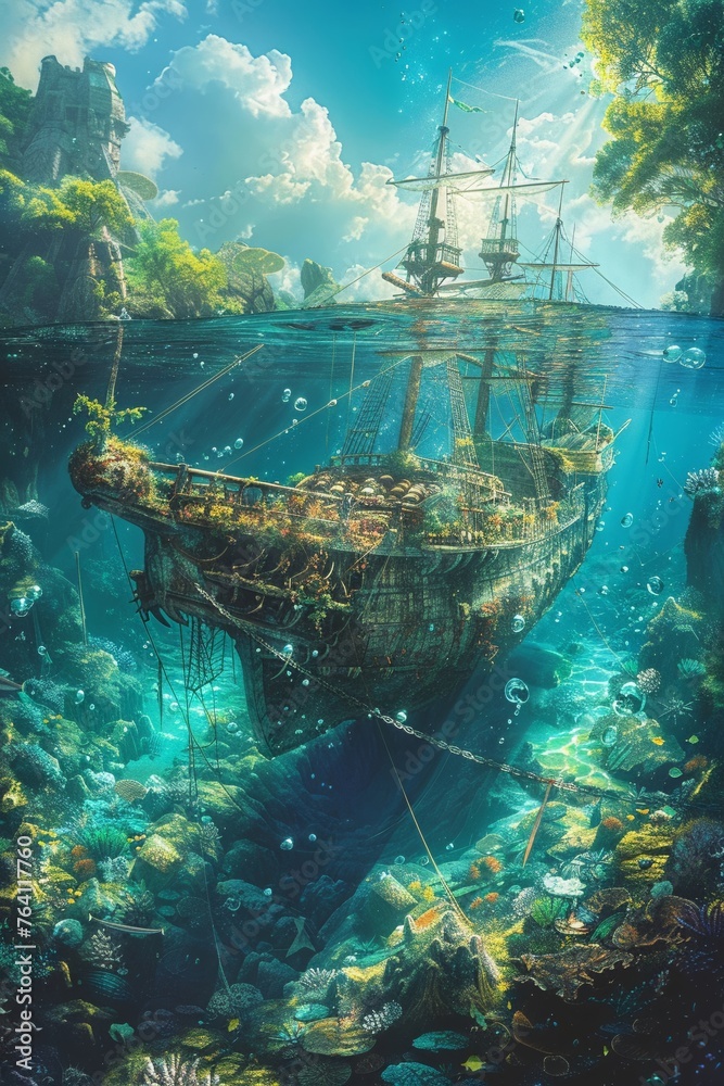 AnimeManga of Sunken pirate ship with treasure chest, clear water ...