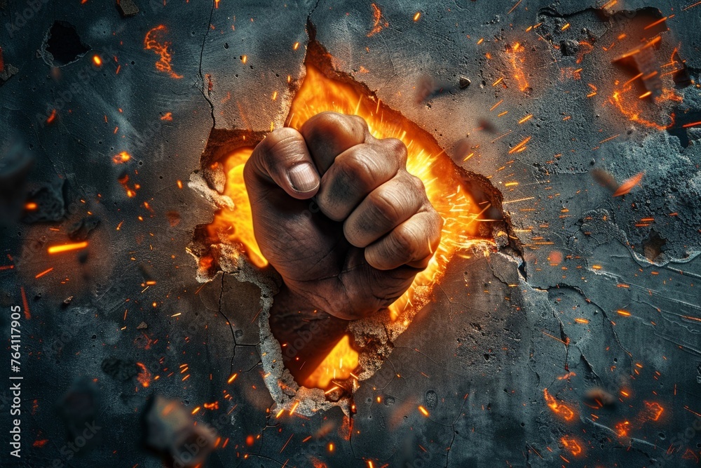 Hand with a muscular fist breaking through the wall, flames and sparks ...