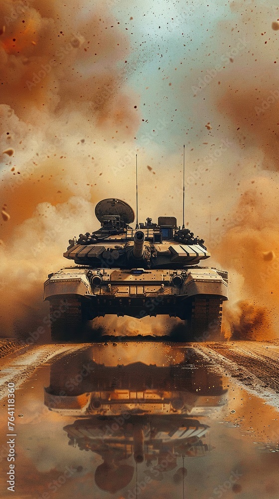 Texture Art of Tank rolling through a barrier, military power, dust ...