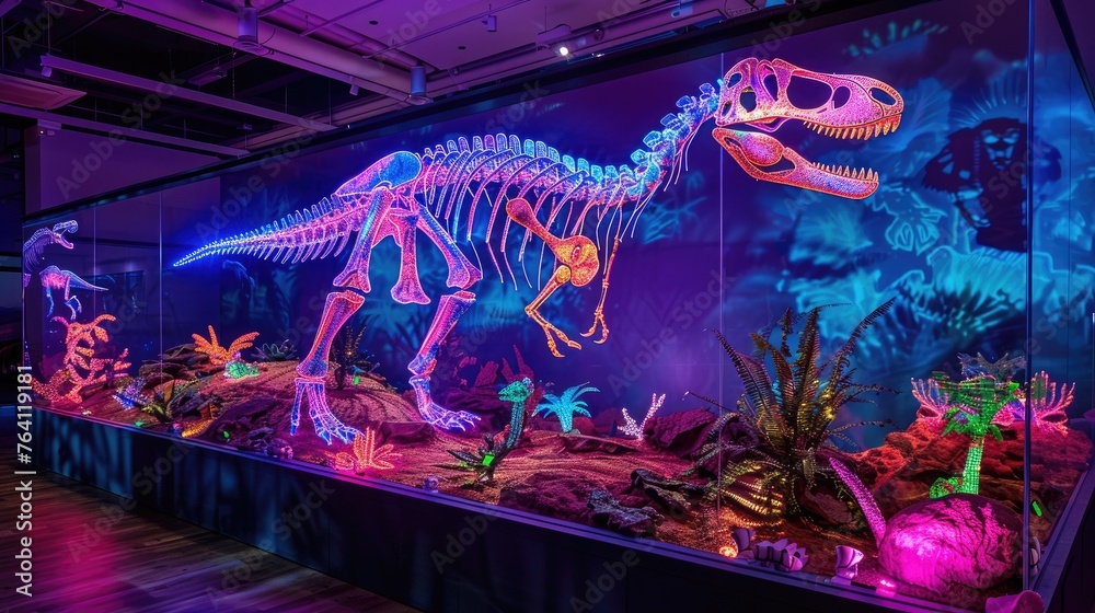 Neon dinosaur exhibit with life-sized models and prehistoric plants ...