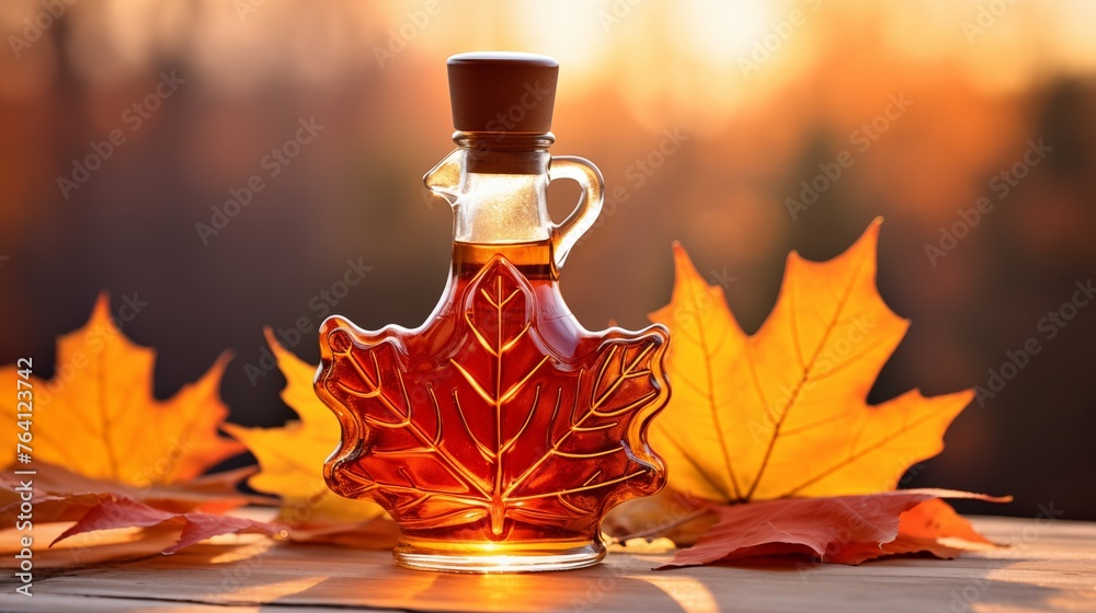 Beautifully bottled maple syrup in maple leaf shaped glass, radiating ...
