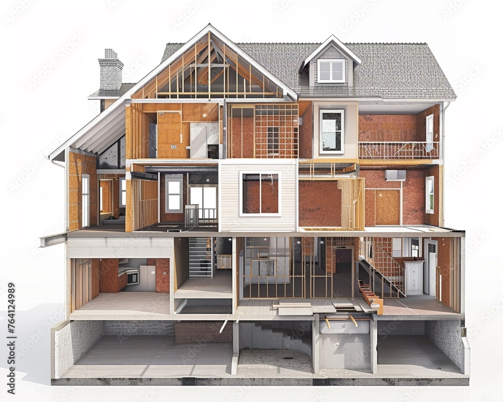 Detailed crosssection of a house showing various stages of construction ...