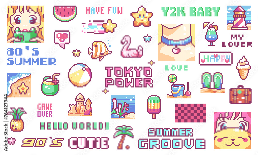 Pixel Art Y2K Summer Sticker Set. 8bit Retro Patterns or Icons Like ...