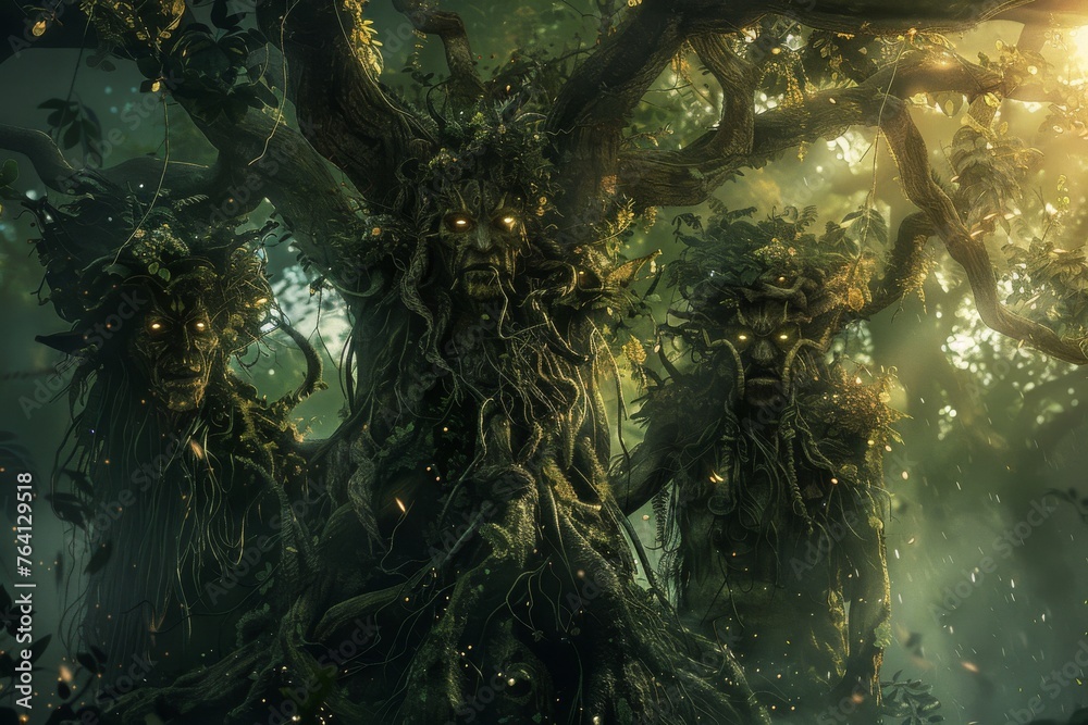 Ancient Guardian Spirits Mythical Creatures in Sacred Forest, Digital ...