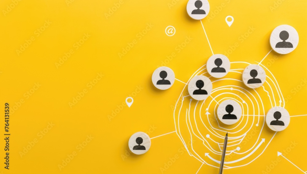 Team alignment and common goal concept with wooden tokens and a central ...