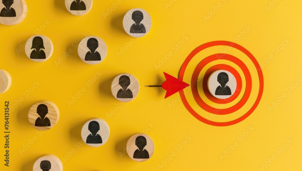 Team alignment and common goal concept with wooden tokens and a central ...