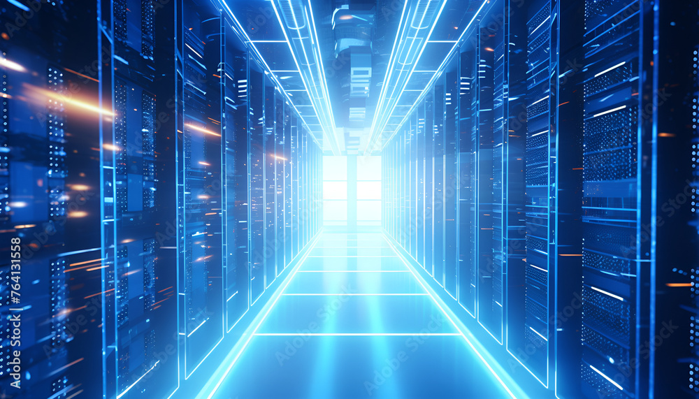 Rack housing server data storage hardware, Binary code tunnel background, Futuristic blue server ...