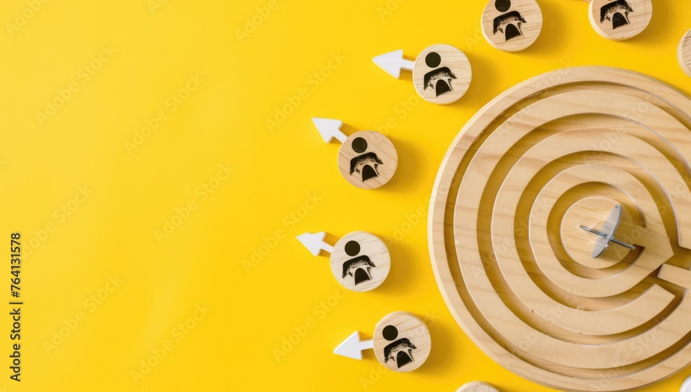 Team alignment and common goal concept with wooden tokens and a central ...