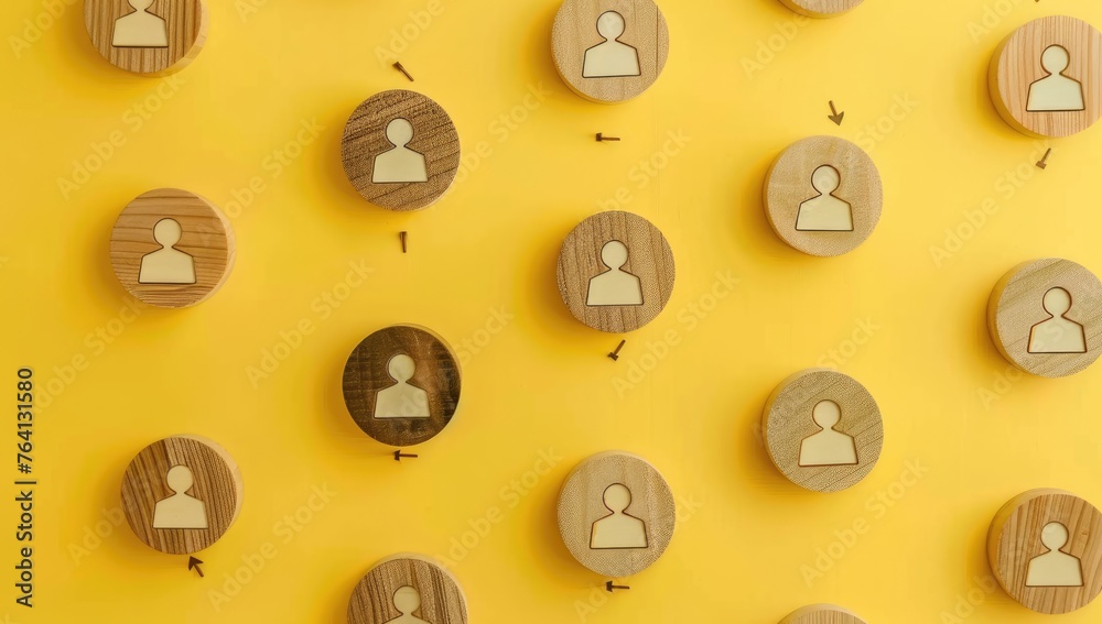 Team alignment and common goal concept with wooden tokens and a central ...