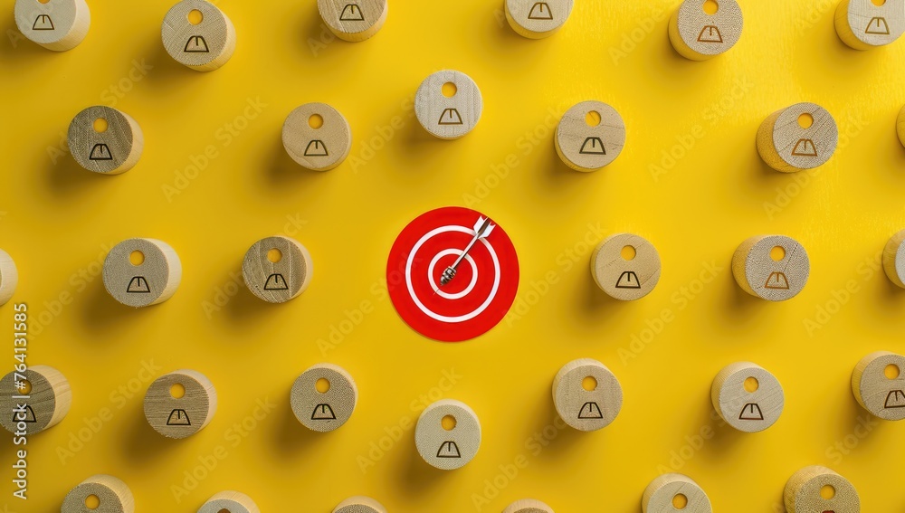 Team alignment and common goal concept with wooden tokens and a central ...