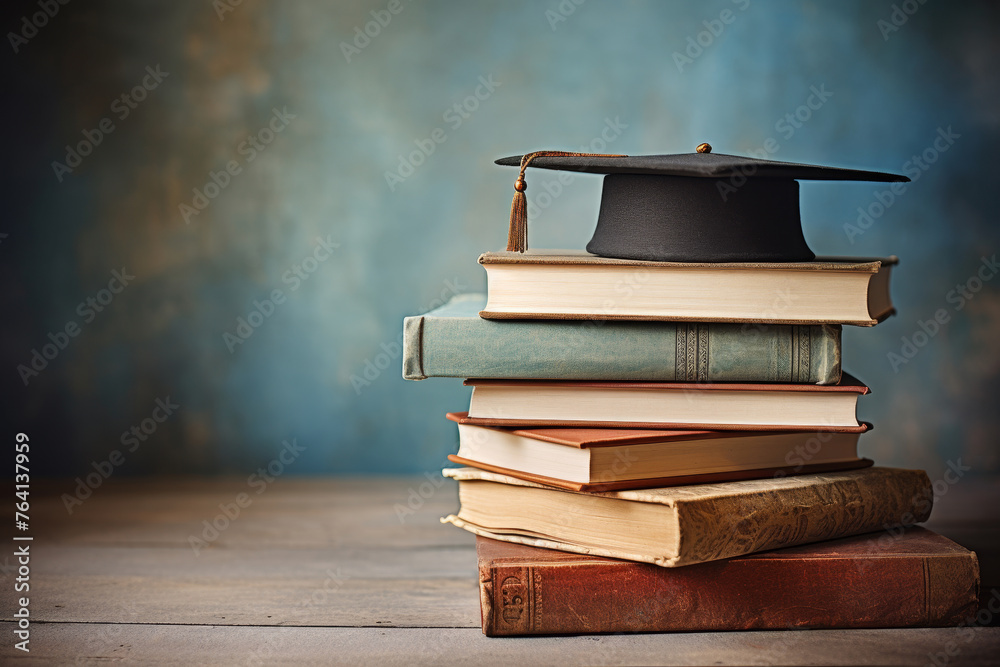 Simple background with graduation cap placed on stack of books for ...