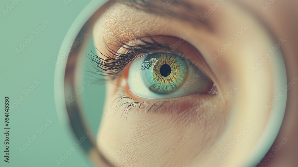The human eye through a magnifying glass, bright light, close-up ...