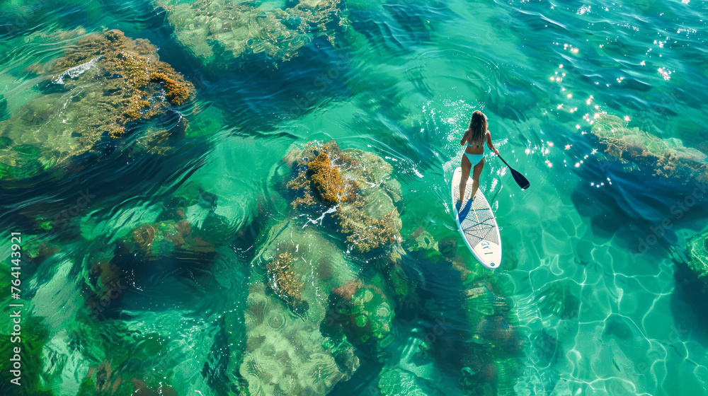 Stand up paddle boarding. Young woman floating on a SUP board. The ...