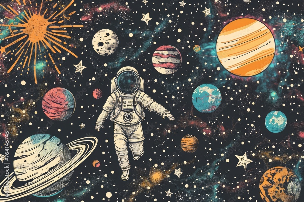 Background design with many planets in space illustration. Space icon ...