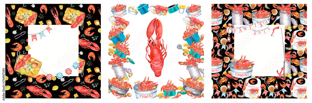 Seafood Crawfish Boil frame, Louisiana clipart, Shrimps, Fish, Beer ...