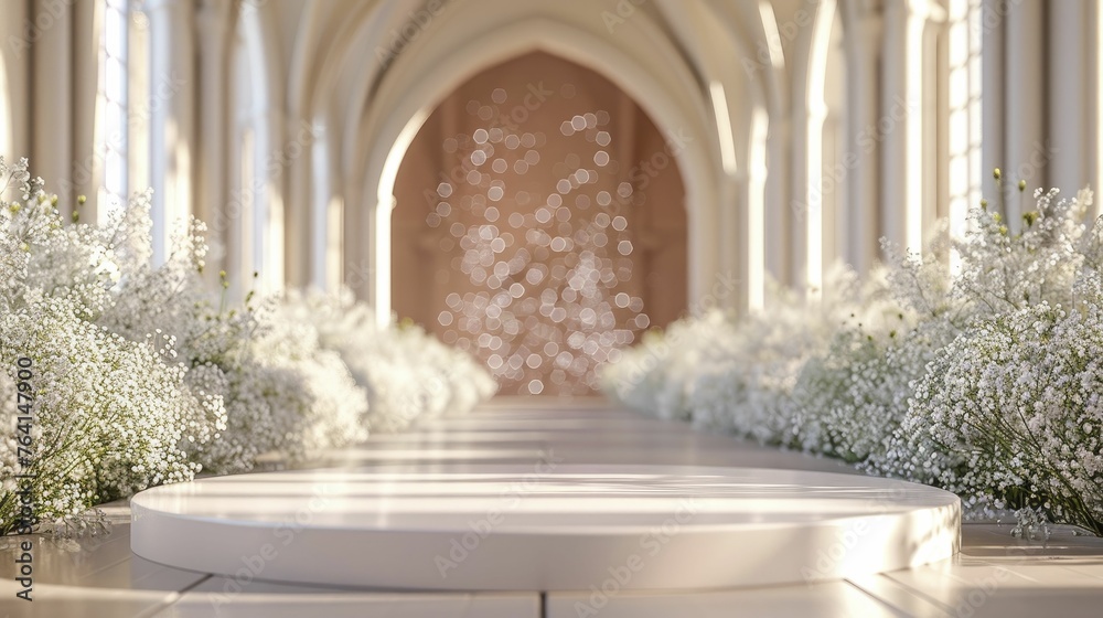 Luminous Pearl Podium, front view focus, with an Elegant Wedding Chapel ...