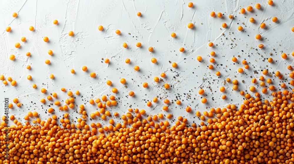 Bright yellow mustard seeds scattered across a pure white backdrop ...