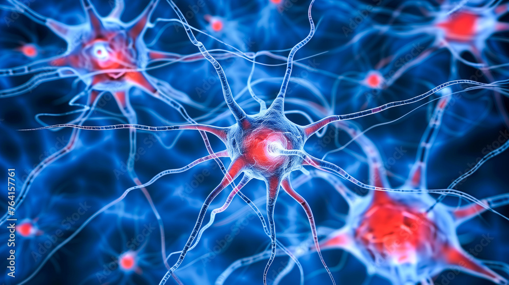 A detailed image showing red and blue neurons connecting in a complex ...