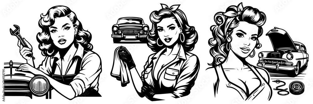 pin-up girl as an auto mechanic vintage garage vector illustration ...