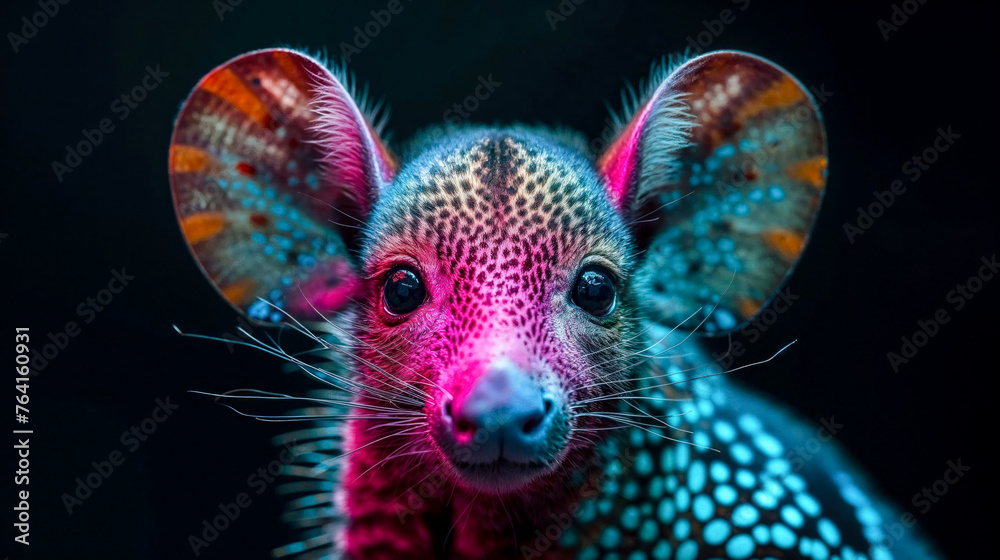 Weird strange looking colorful mouse, dotted colors on fur, bizarre ...