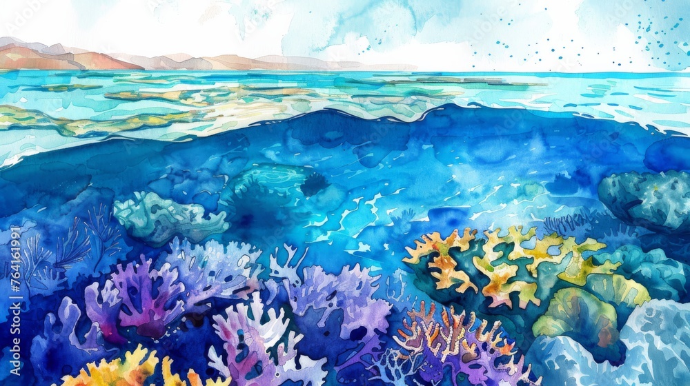 A realistic watercolor painting depicting a vibrant coral reef teeming ...