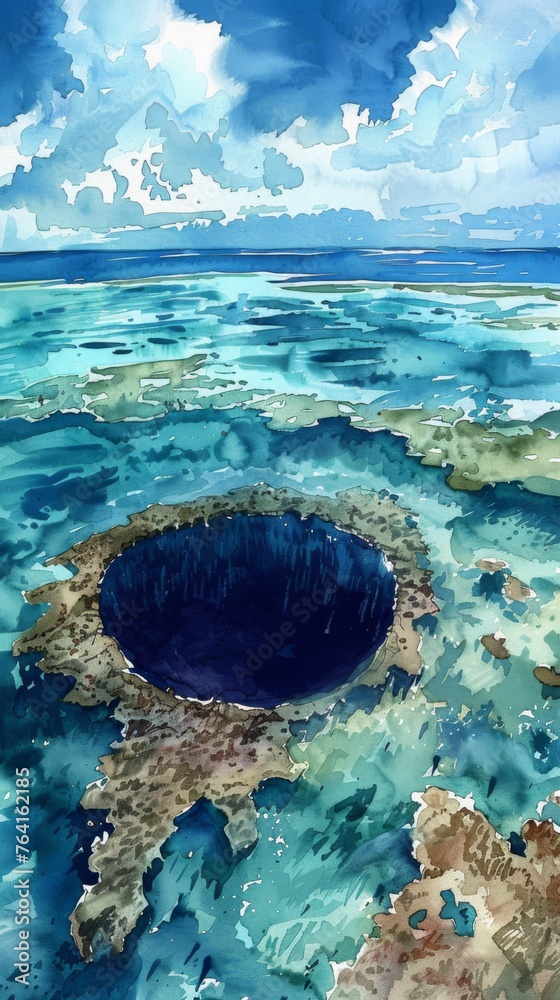 A realistic watercolor painting depicting a deep blue hole in the ...