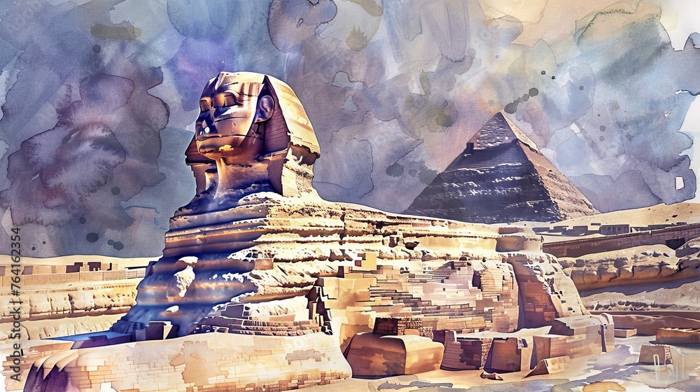 The watercolor painting depicts the iconic Great Sphinx and Pyramids ...